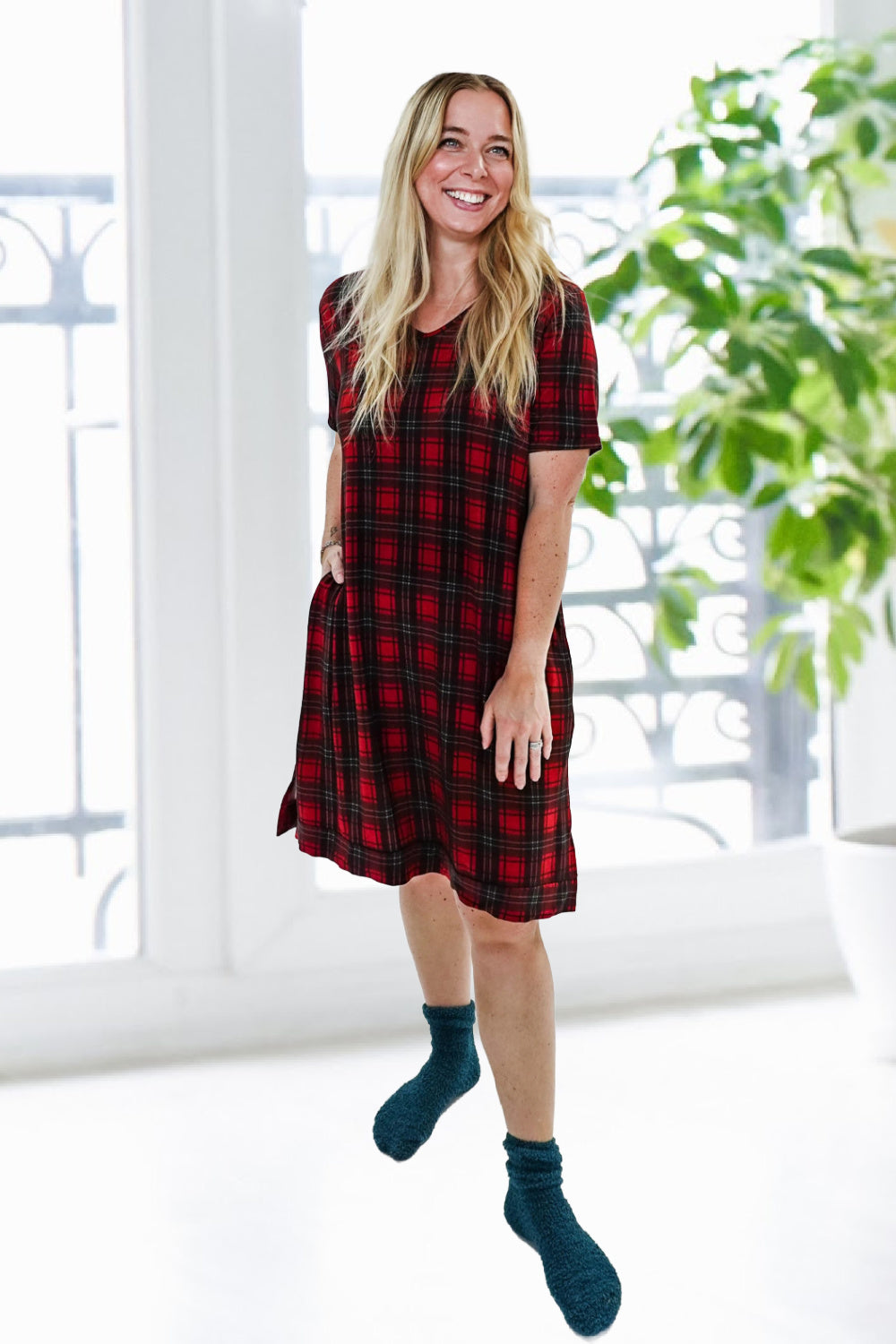 Cloud Nine Pajamas Bamboo V-Neck Nightshirt with Pockets, Red Plaid